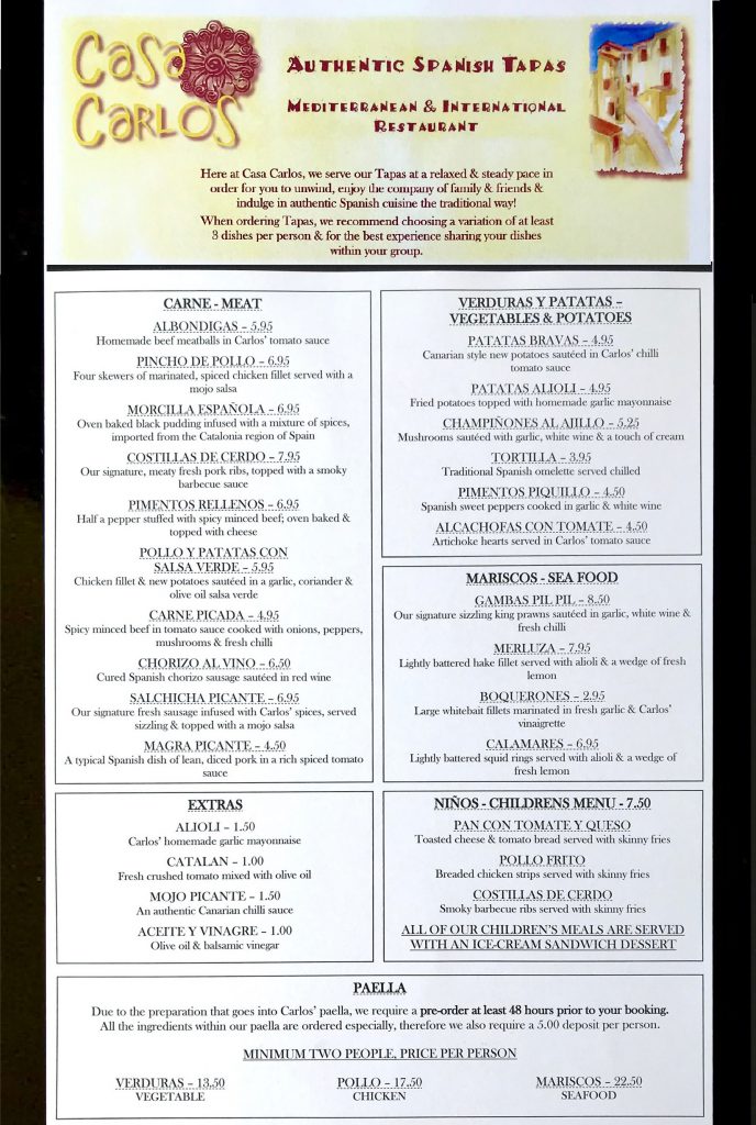 Menu - Casa Carlos Wigan